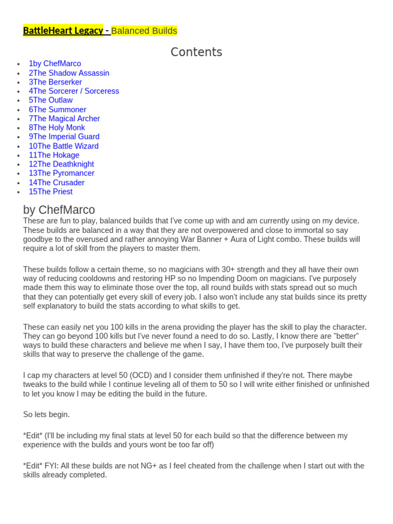 BattleHeart Legacy - Balanced Builds | PDF