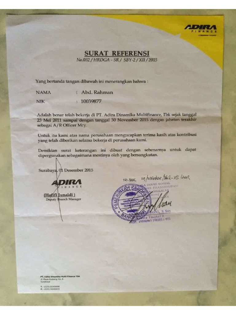 Surat Keterangan Kerja Adira | PDF