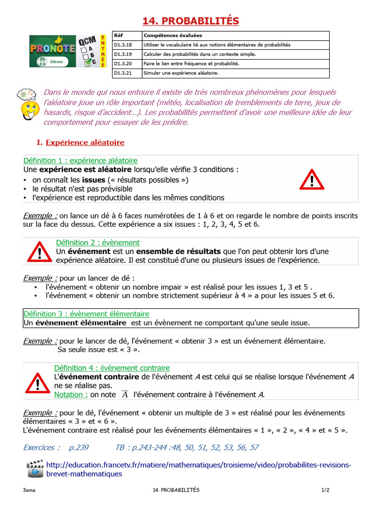 14-Cours Prof - Probabilites - 3eme | PDF