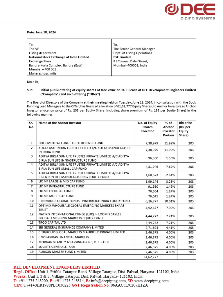 Dee Development Anchor Allocation Report | PDF