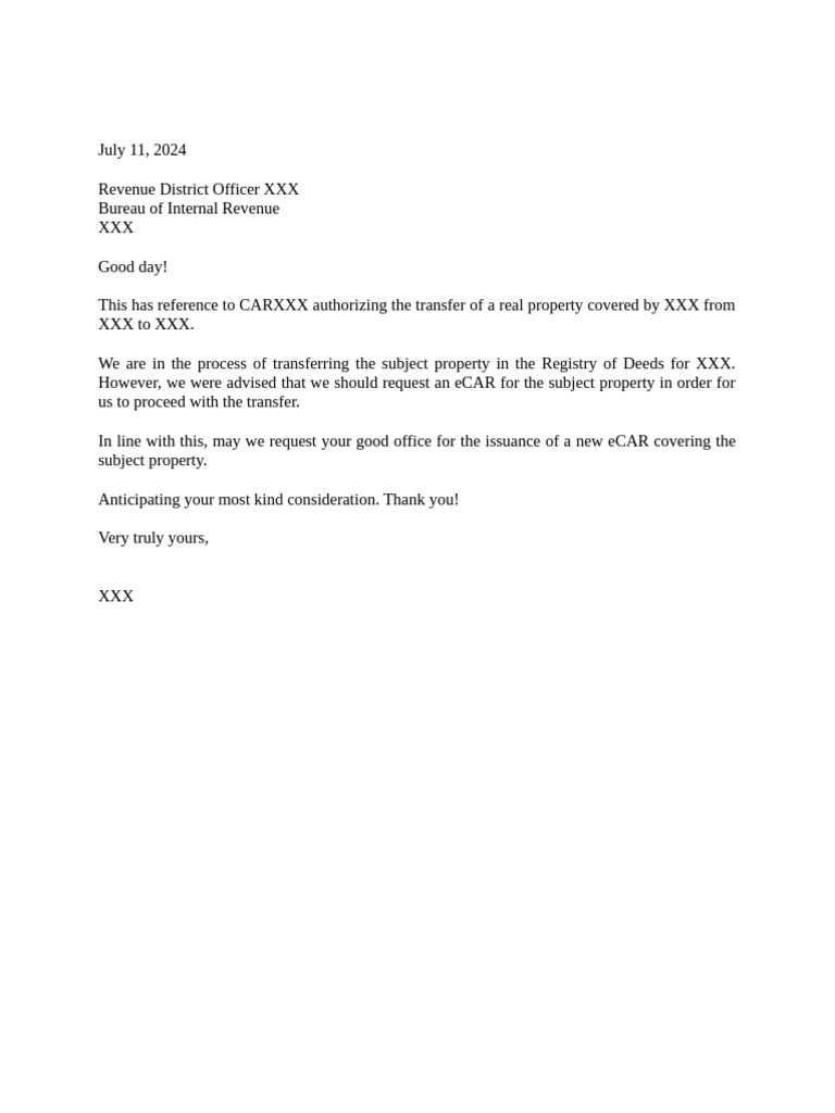 Letter To BIR - Issuance of ECAR | PDF