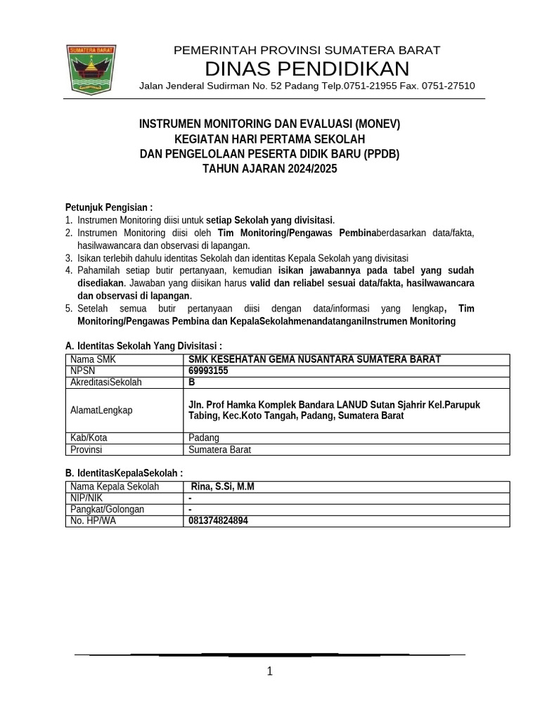 Instrumen Monev Hari Pertama Sekolah Tahun Ajaran Baru | PDF