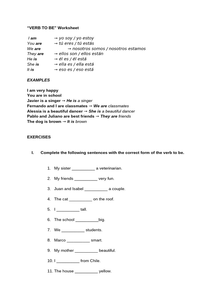 Verb To Be Worksheet | PDF