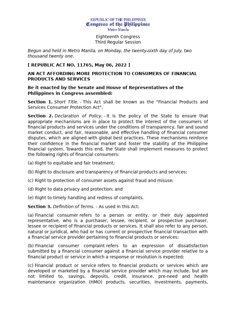 RA 11765 Financial Prod and Serv Consumer Protection Act | PDF