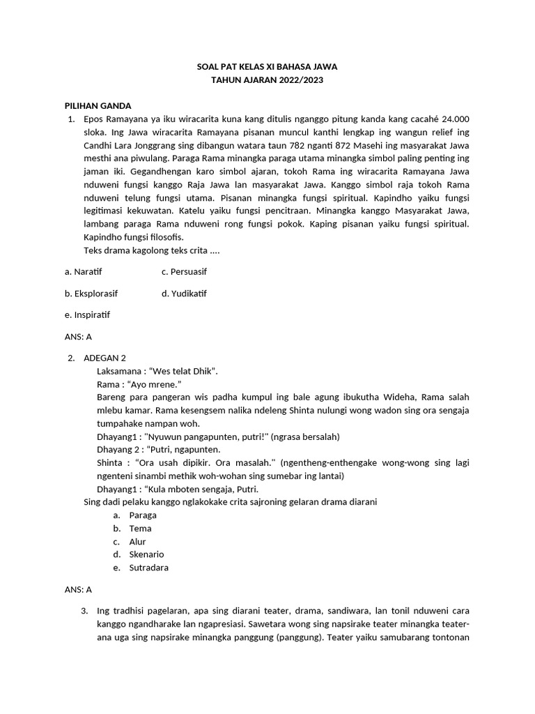Soal Pat Kelas Xi Bahasa Jawa | PDF