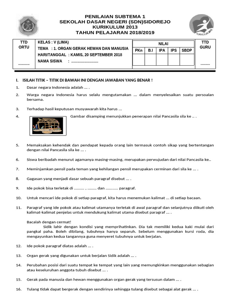 Soal Uh Tema 1 Kelas 5 | PDF