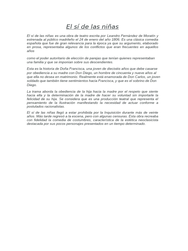 El Sí de Las Niñas Resumen y Esquema | PDF