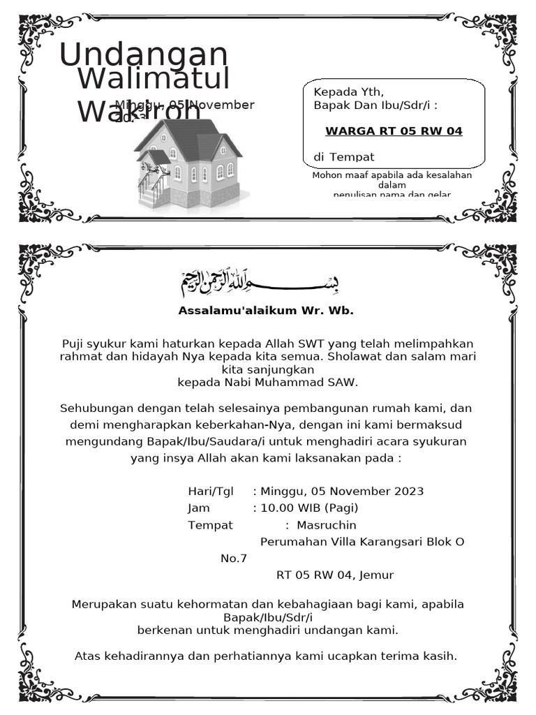 Contoh Undangan Syukuran Rumah Baru WARGA RT 5 | PDF