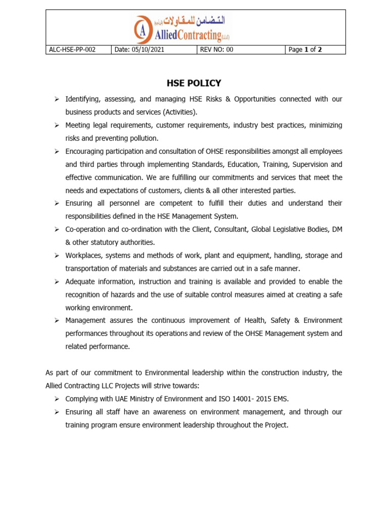 Alc-Hse-Pp-002-Hse Policy - R0 | PDF