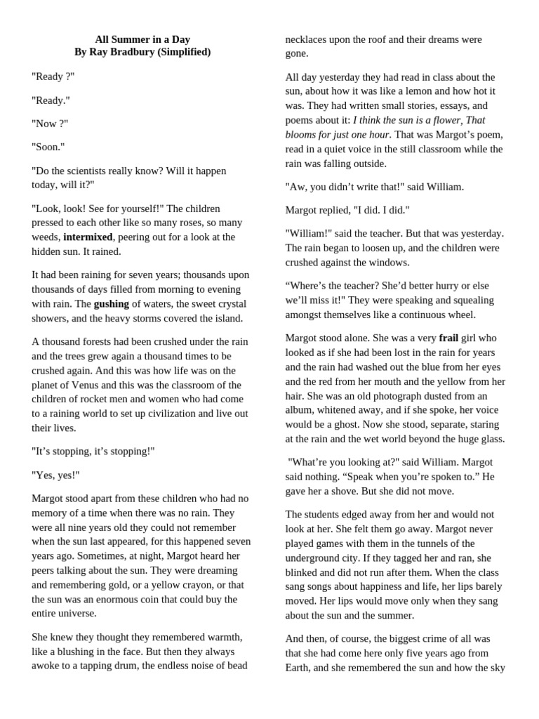 All Summer in A Day by Ray Bradbury (Simplified) | PDF