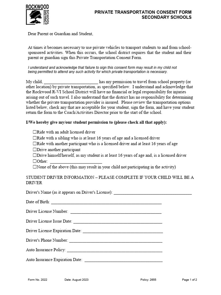 Private Transportation Consent Form - Secondary Schools | PDF
