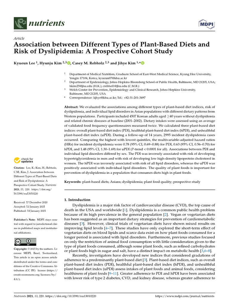 Association Between Different Types of Plant-Based | PDF