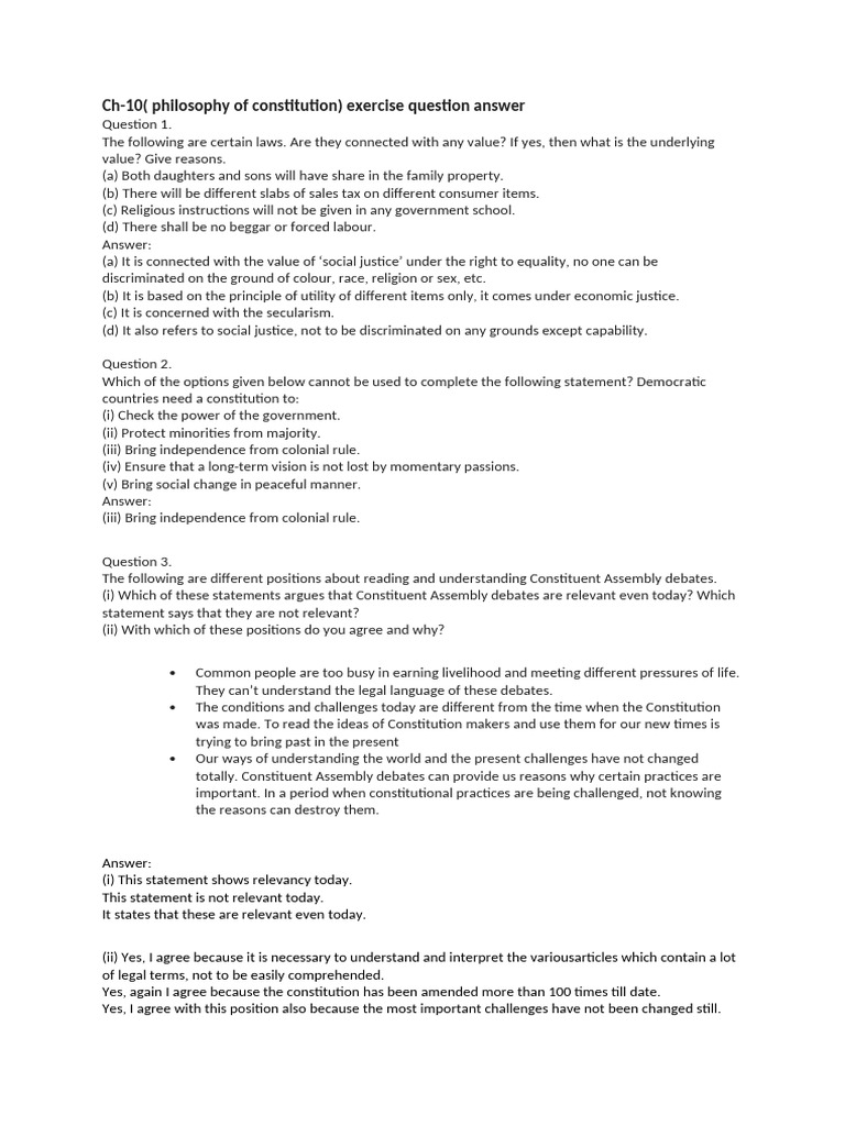 Ch-10 (Philosophy of Constitution) Exercise Q & A | PDF