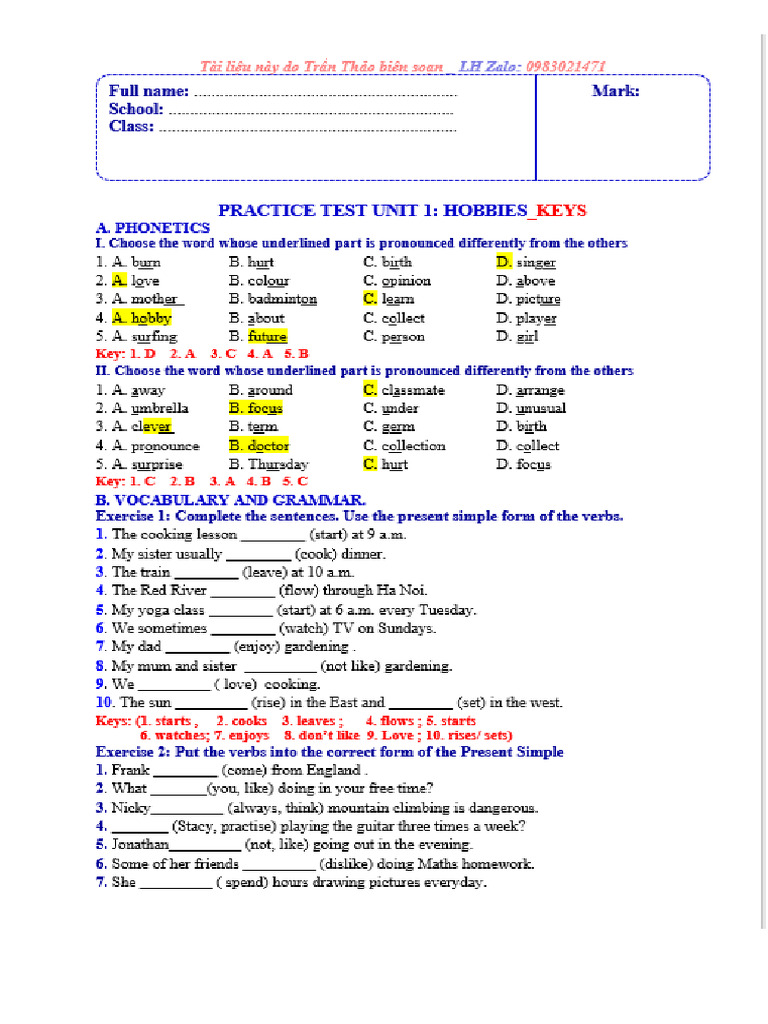 PRACTICE UNIT-1-Key | PDF