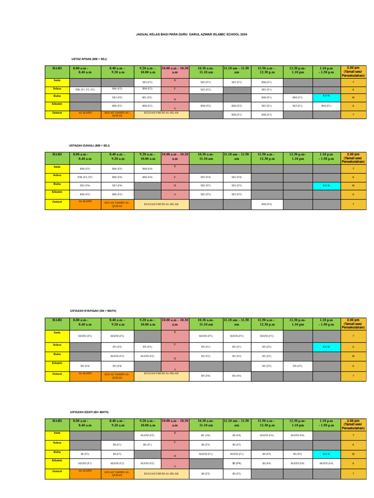 JADUAL KELAS DAIS Jadual Kelas Bagi Guru DAIS 2024 TERKINI 2 | PDF