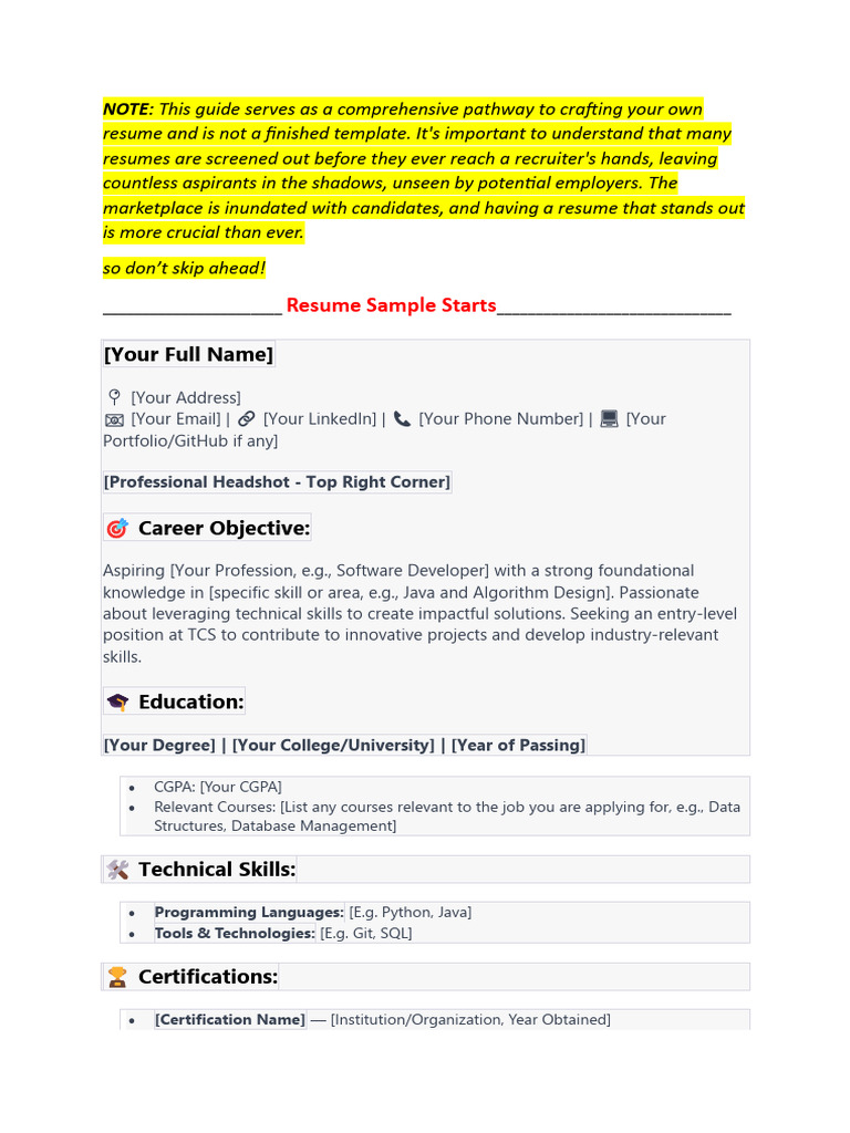 TCS Freshers Resume Format | PDF