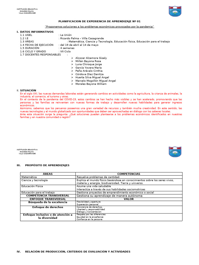 Planificacion de Experiencia de Aprendizaje #01 | PDF