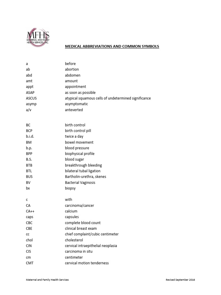Medical Abbreviations and Common Symbols 9.2016 | PDF