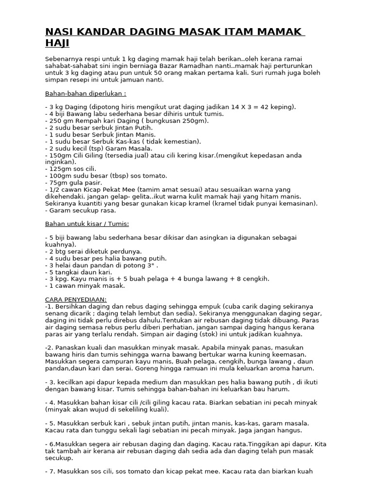 Nasi Kandar Daging Masak Itam Mamak Haji | PDF