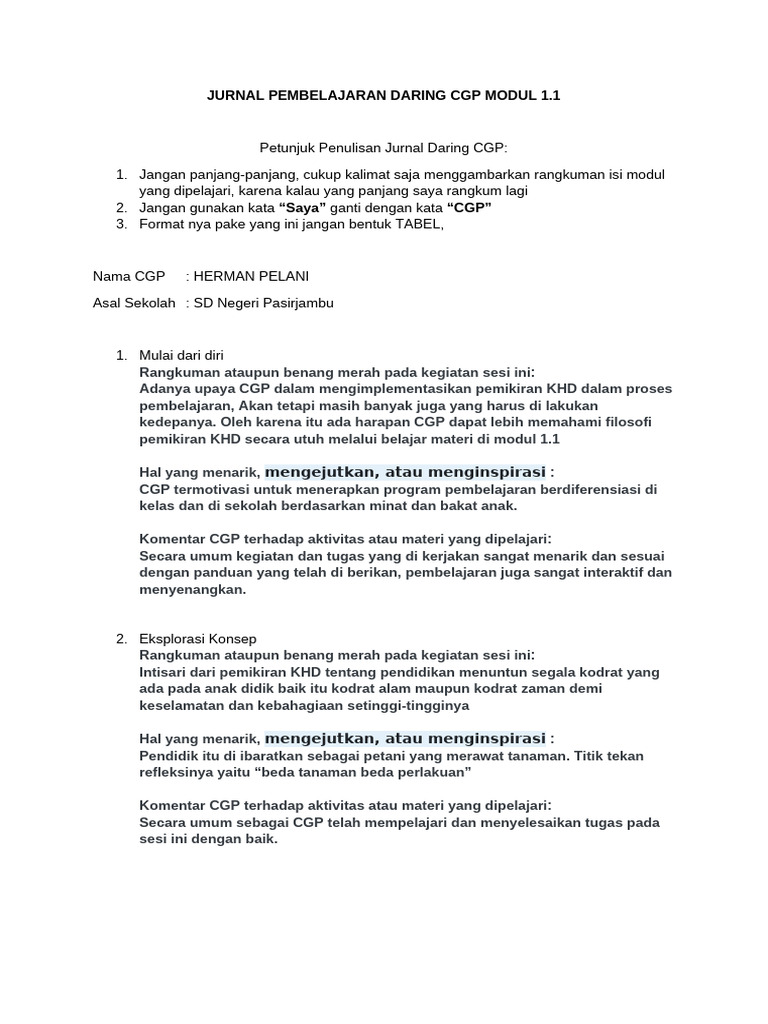 Jurnal Pembelajaran Daring CGP Modul 1.2 Herman Pelani | PDF
