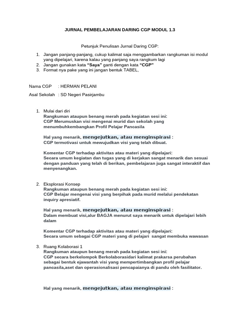Jurnal Pembelajaran Daring CGP Modul 1.3 Herman Pelani | PDF Jurnal Pembelajaran Daring CGP Modul 1.3 Herman Pelani | PDF