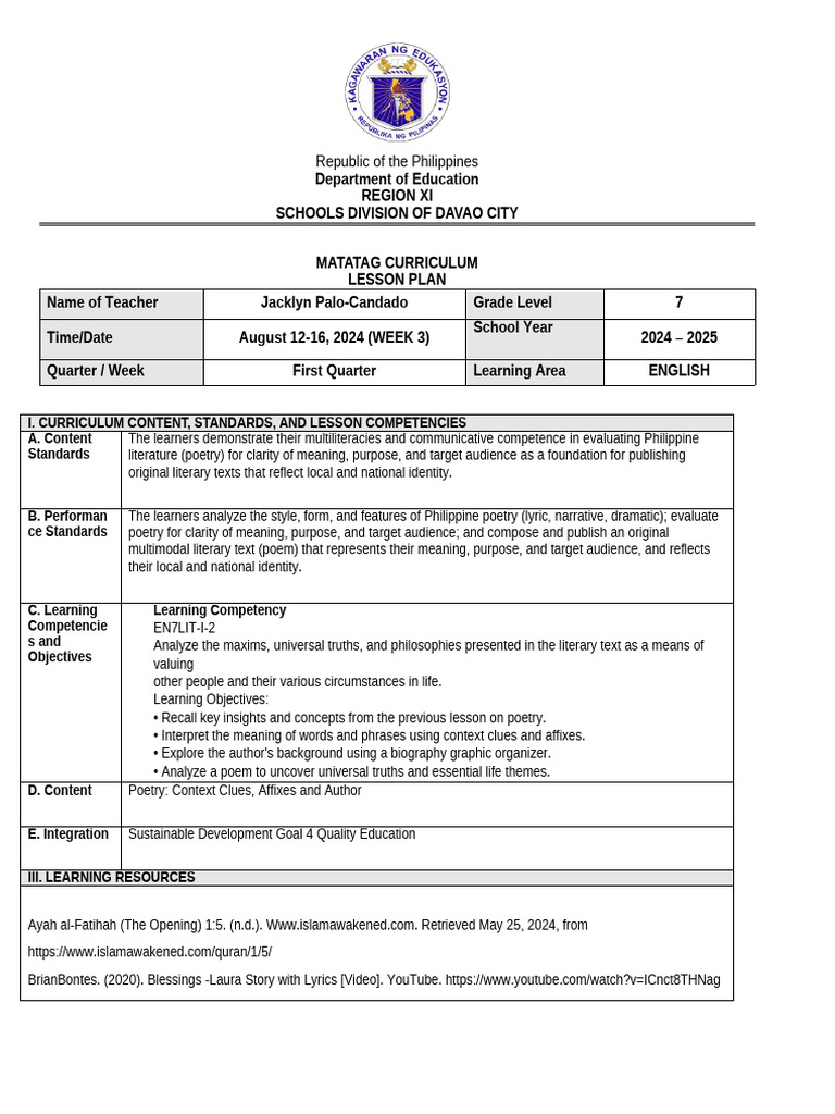 Lesson Plan - Q1W3 (JAC) | PDF