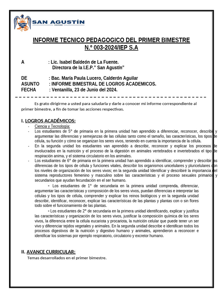 Informe Tecnico Pedagogico Del Primer Bimestre | PDF