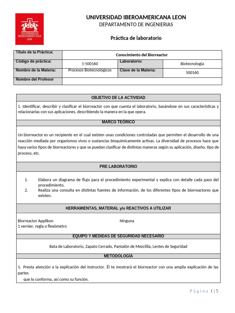 Práctica 1 Procesos Biotecnológicos - Conocimiento Del Biorreactor | PDF