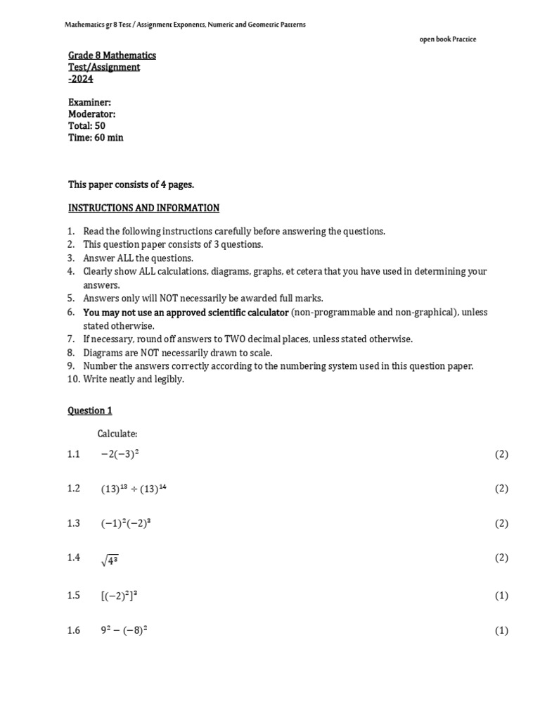Grade 8 Maths Assignment Exponents, Numeric and Geometric Patterns 2024 ...