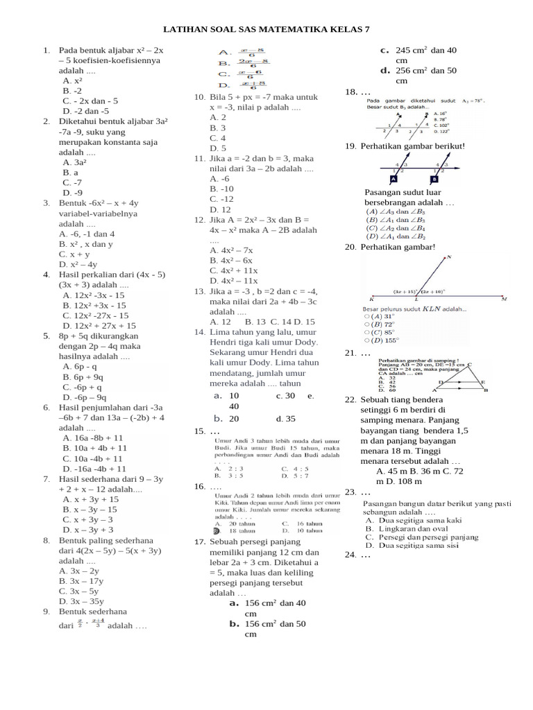 Latihan Soal Sas Matematika Kelas 7 2024 | PDF