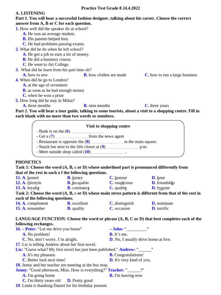 Practice Test Grade 8 24.4.2022 | PDF