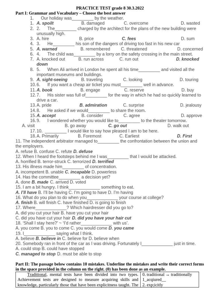 PRACTICE TEST Grade 8 30.3.2022 | PDF