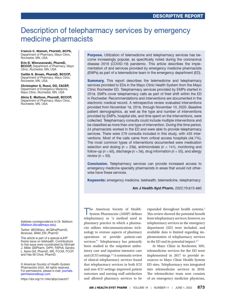 Description of Telepharmacy Services by Emergency Medicine Pharmacist ...