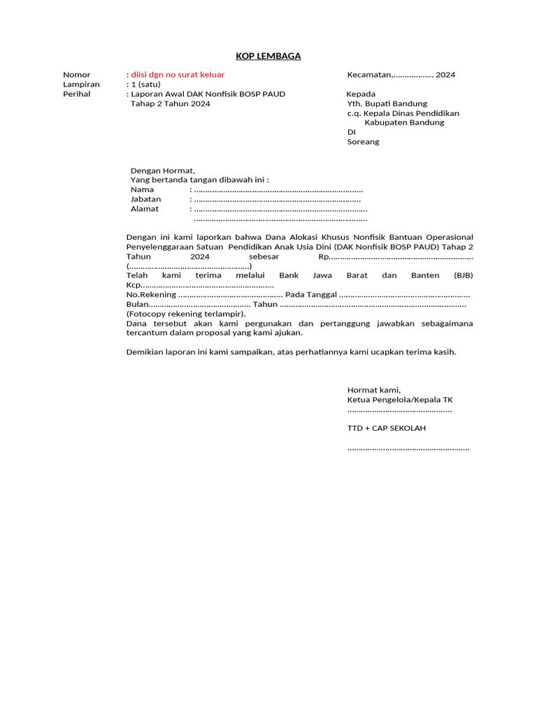 Format Laporan Awal Bosp Paud 2024 | PDF