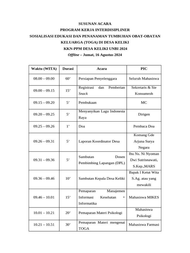 Susunan Acara Sosialisasi Proker TOGA KKN 16 Agustus 2024 | PDF