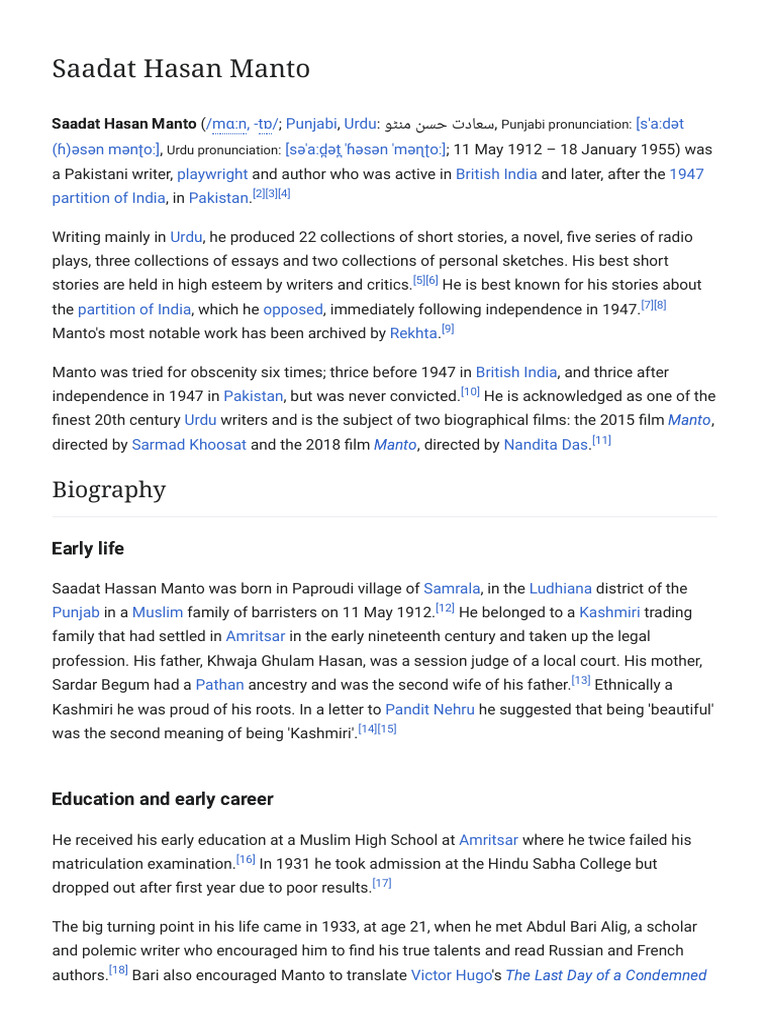 Saadat Hasan Manto - Wikipedia | PDF