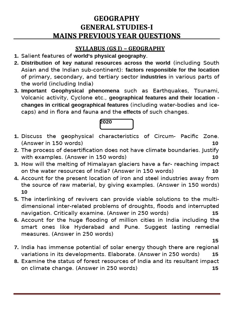 Geography 2013-20 Mains Questions | PDF