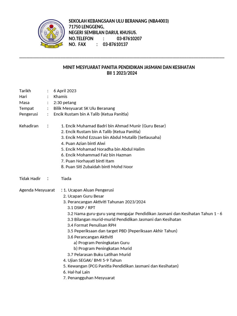 Edit - Minit - Mesyuarat - Panitia - PENDIDIKAN JASMANI DAN KESIHATAN - BIL 1 - 2023 - 2024 | PDF