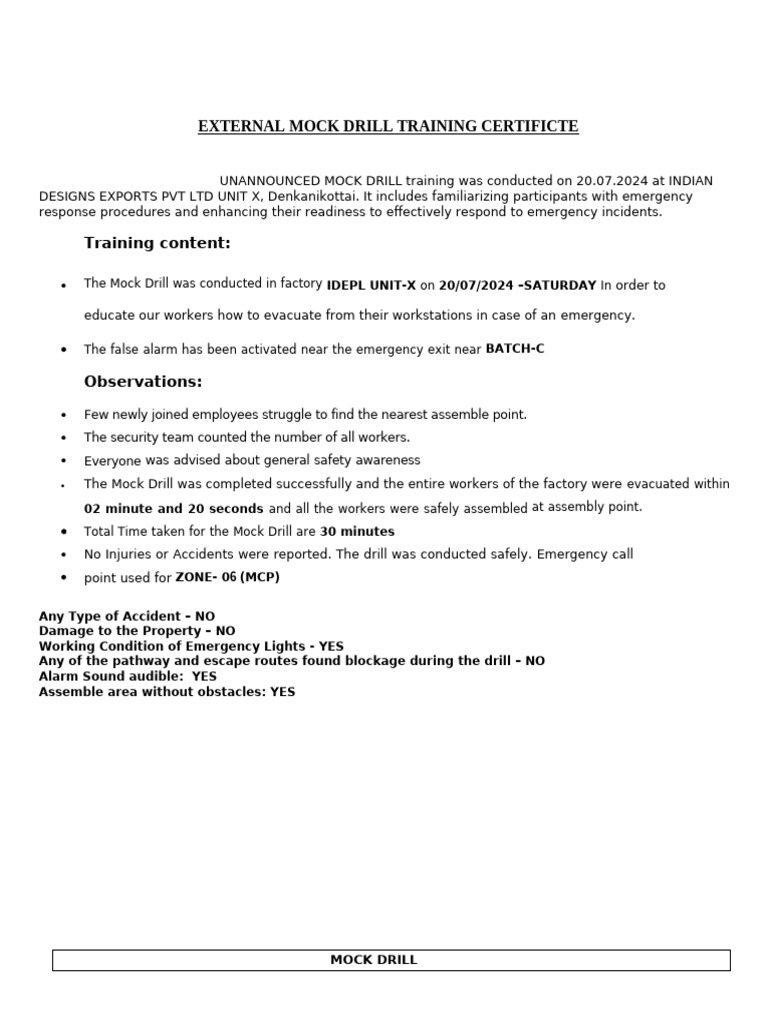 EXTERNAL MOCKDRILL - Unit 10 JULY 2024 | PDF