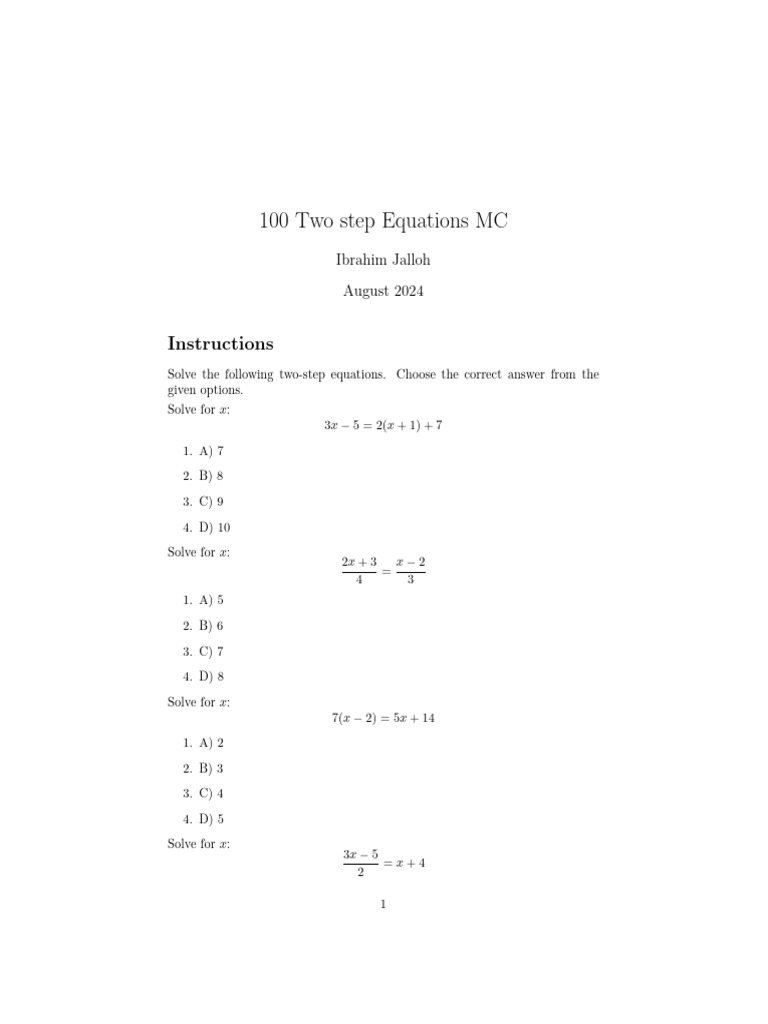 100 Two Step Equations MC | PDF | Teaching Methods & Materials