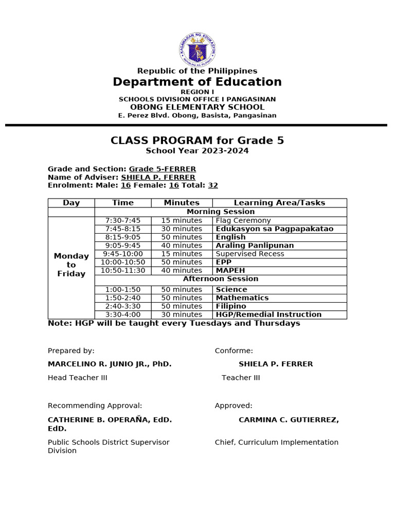 Class Teachers Program Grade 5 2023 2024 | PDF