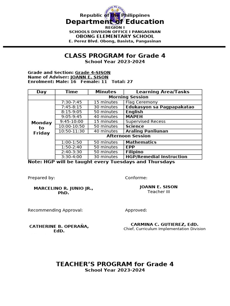 Class Teachers Program Grade 4 2023 2024 | PDF