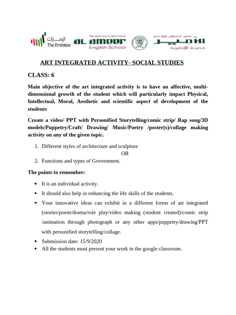 Art Integrated Activity Class 6 | PDF