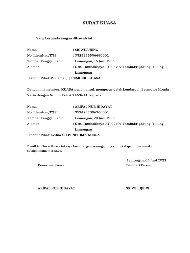 Surat Kuasa Pengurusan BPKB | PDF