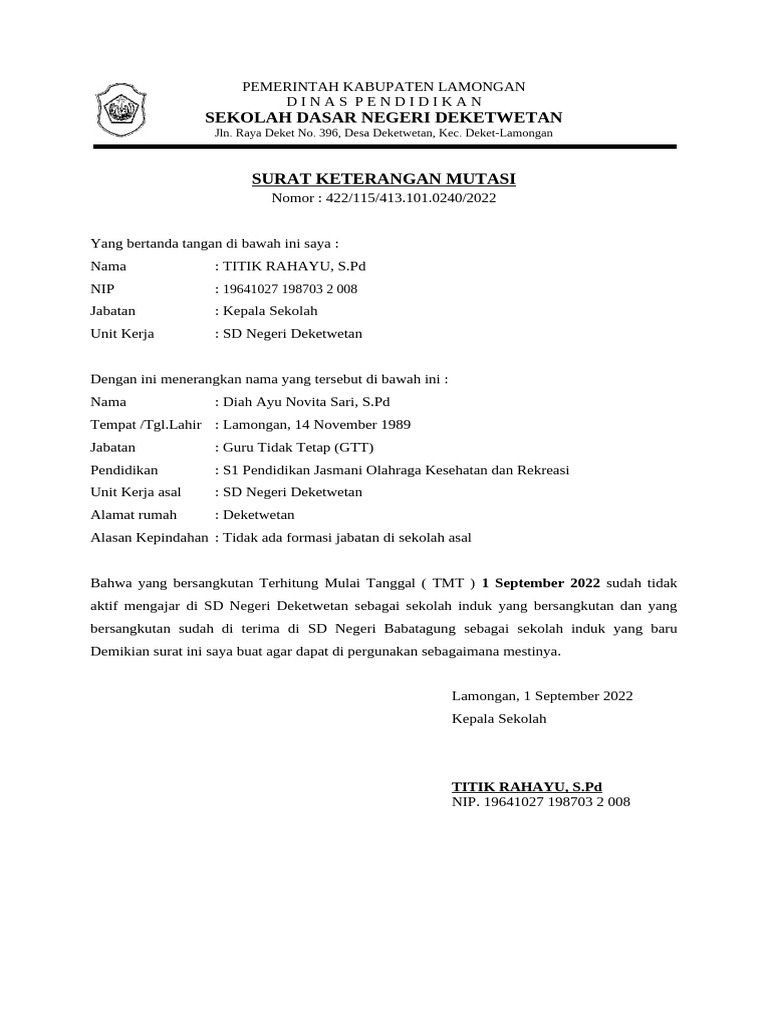 Surat Mutasi PTK | PDF
