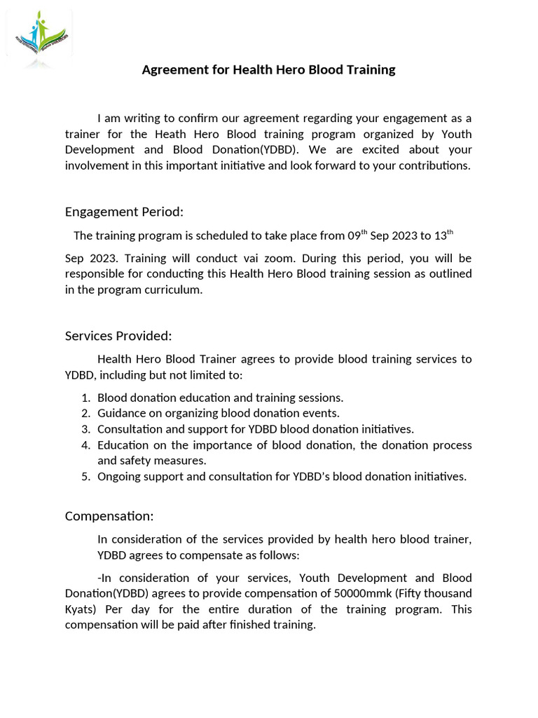 Agreement For Health Hero Blood Training - 091001 | PDF