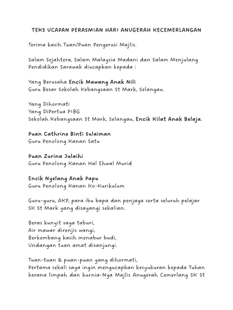 Teks Ucapan Perasmian Hari Anugerah Kecemerlangan | PDF