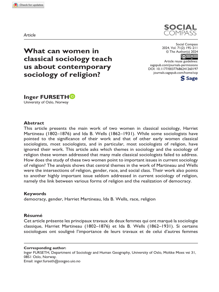 Furseth 2024 What Can Women in Classical Sociology Teach Us About ...