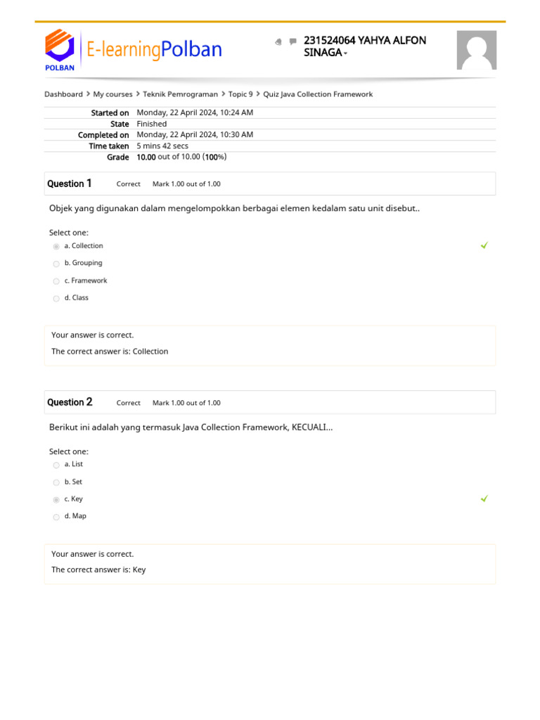 Quiz Java Collection Framework - Attempt Review | PDF
