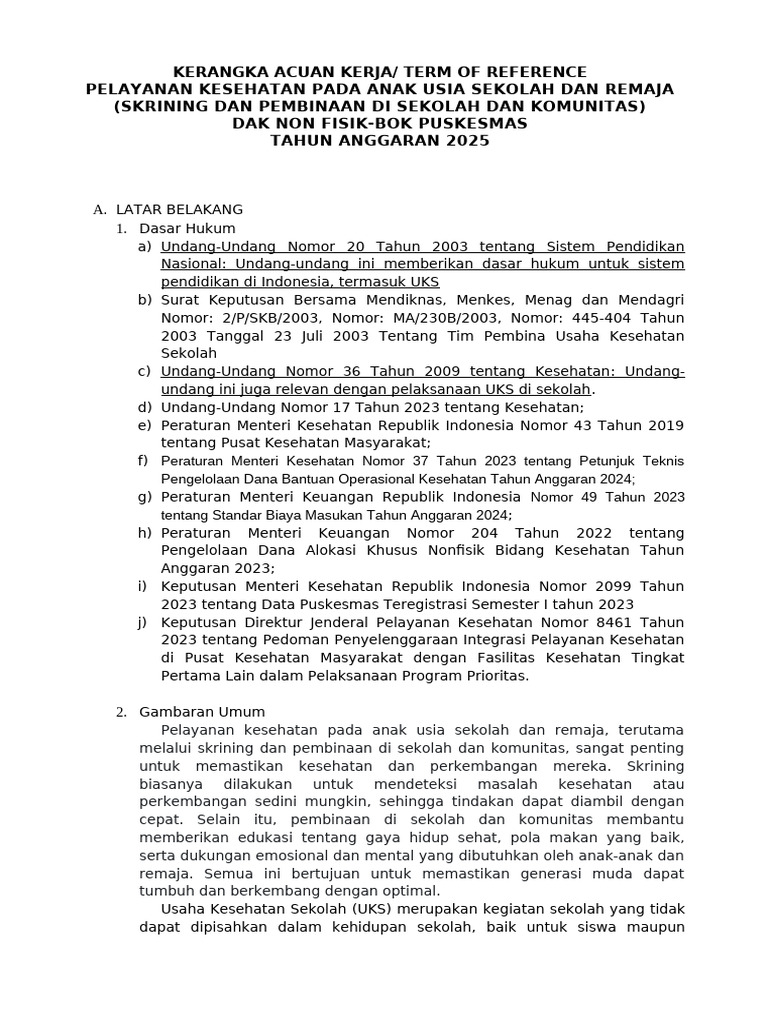 Ed - Template Tor Dak NF - Puskesmas - Pelayanan Kesehatan Pada Anak Usia Sekolah Dan Remaja | PDF